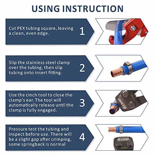 iCrimp PEX Pipe Clamp Cinch Tool Crimping Tool Crimper for Stainless Steel Clamps from 3/8-inch to 1-inch with 1/2-inch 20PCS and 3/4-inch 10PCS SS PEX Clamps