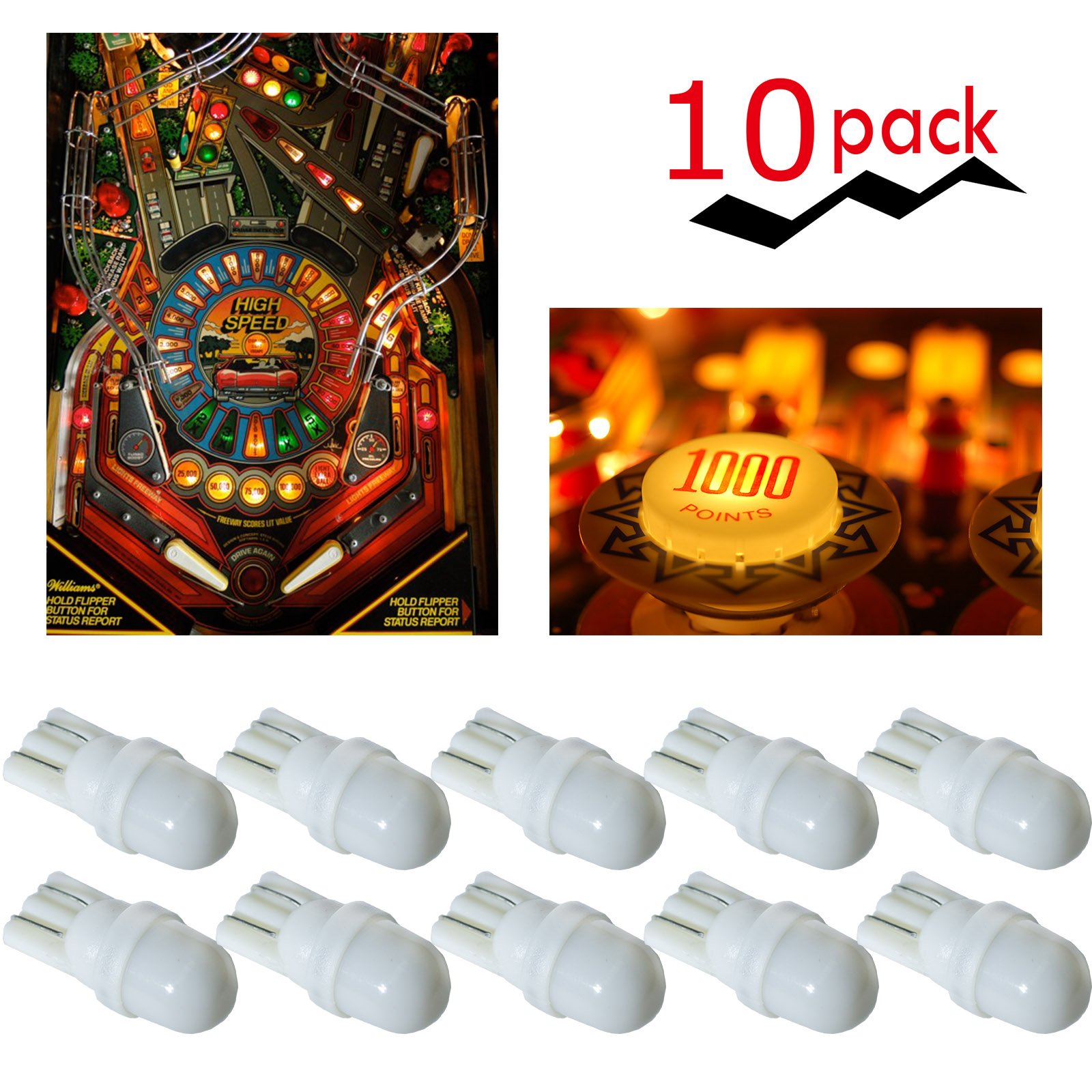 PA LED 10PCS #555 T10 w5w 2 SMD 2835 LED Wedge Pinball Machine Light Top View Bulb 6.3VDC (White)