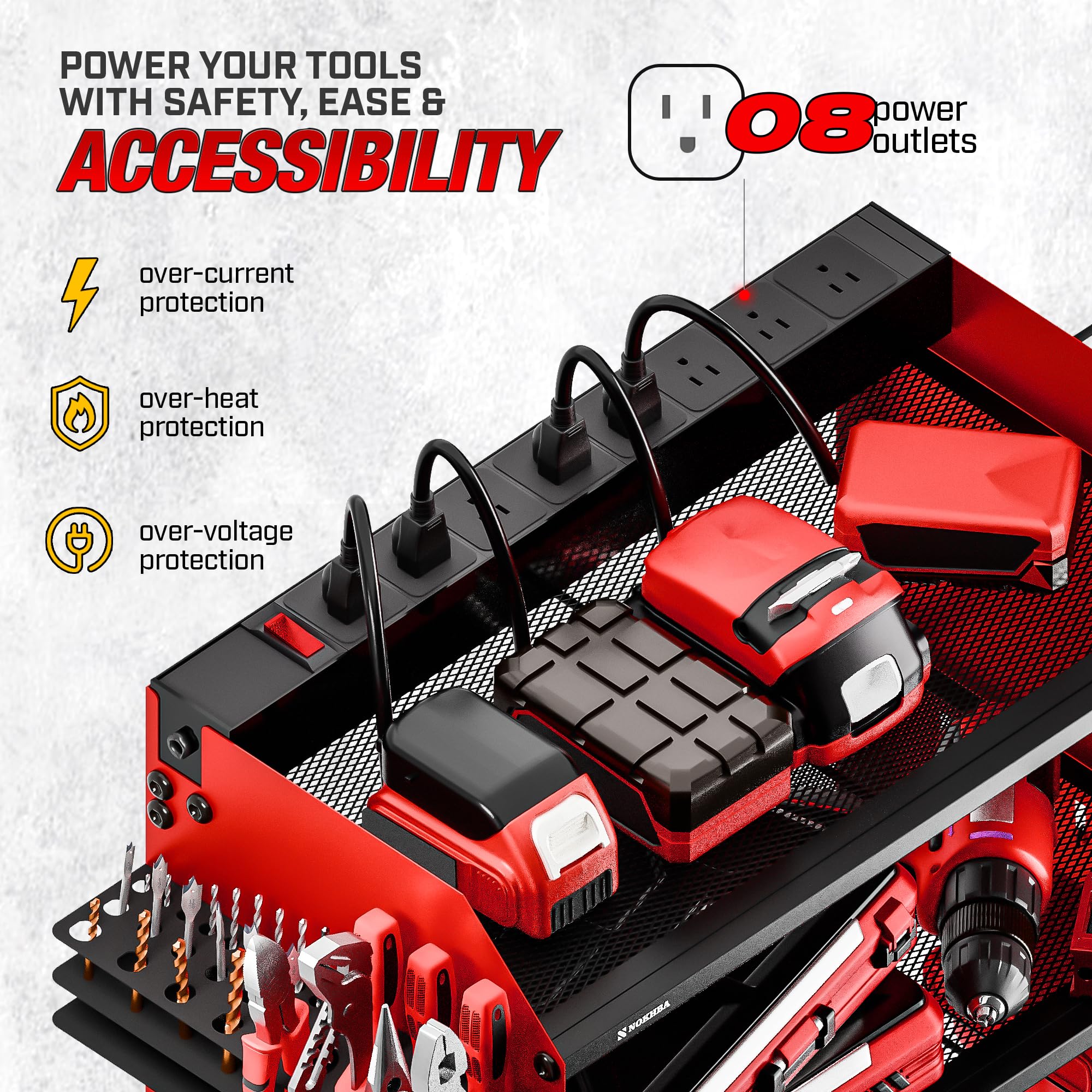 Modular Power Tool Organizer Wall Mount and Tool Charging Station. Garage 4 Drill Storage Shelf with Hooks, Heavy Duty Drill Holder Wall Mount, Tool Battery Holder Built in 8 Outlet Power Strip