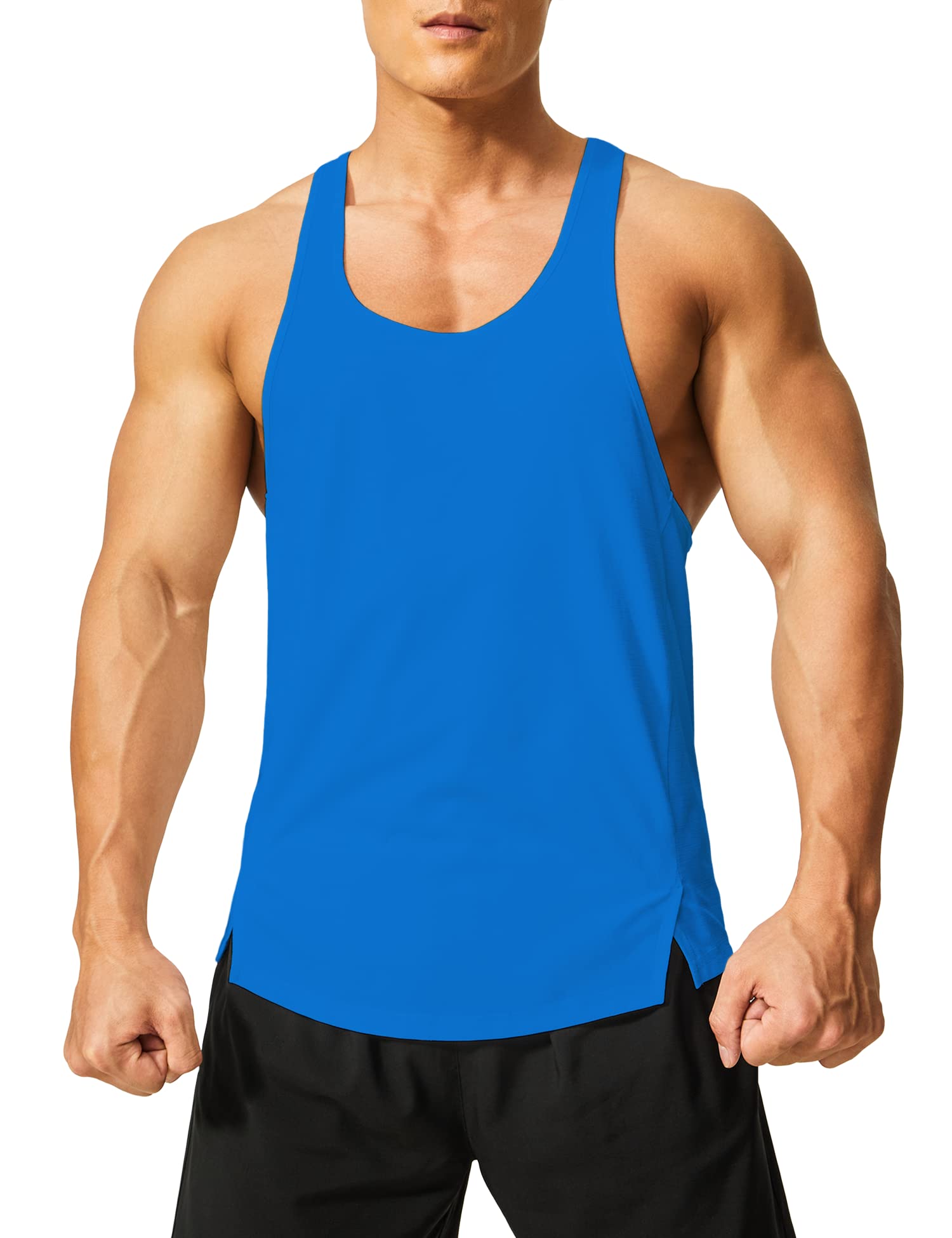 DEMOZU Men's 3 Pack Y Back Stringer Tank Top Bodybuilding Muscle Workout Athletic Running Beach Gym Tank Top, Black/Grey/White, L
