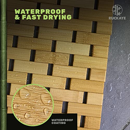 Ruckaye Bamboo Bath Shower Mat 24x16 Inches with Silicone Grip Pads – Foldable, Waterproof, Slip Resistant for Bathroom, Sauna, Spa, Kitchen & Outdoors– Environment Friendly