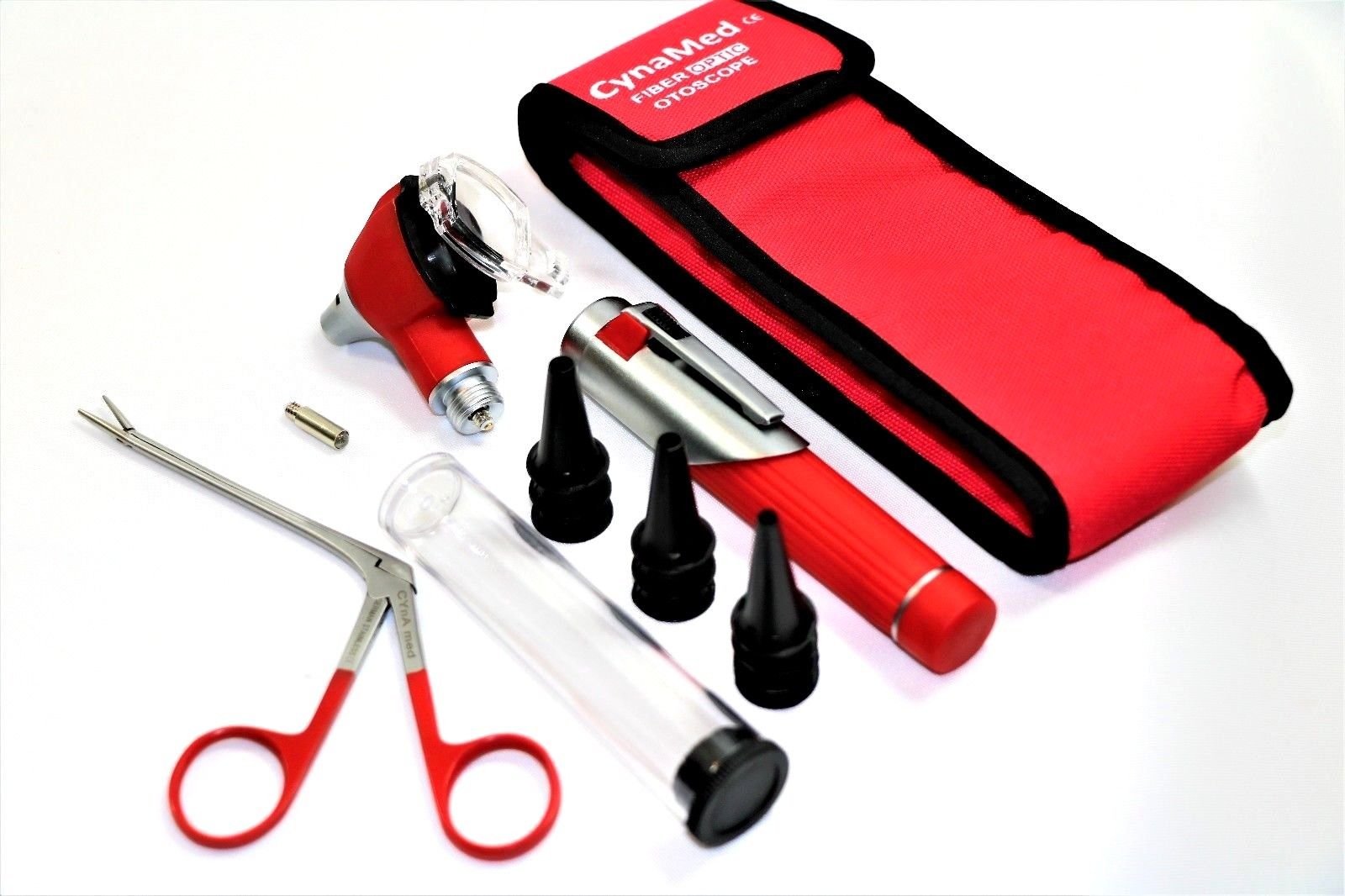 Premium Student Home Use Led Bright Light ENT Diagnostic Otoscope Pocket Size Red Plus Alligator Ear Nose Forceps Plus 1 Extra Replacement Bulb Cynamed