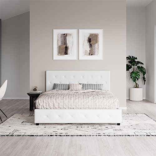 DHP Dakota Upholstered Platform Bed with Diamond Button Tufted Headboard and Footboard, No Box Spring Needed, Queen, White Faux Leather