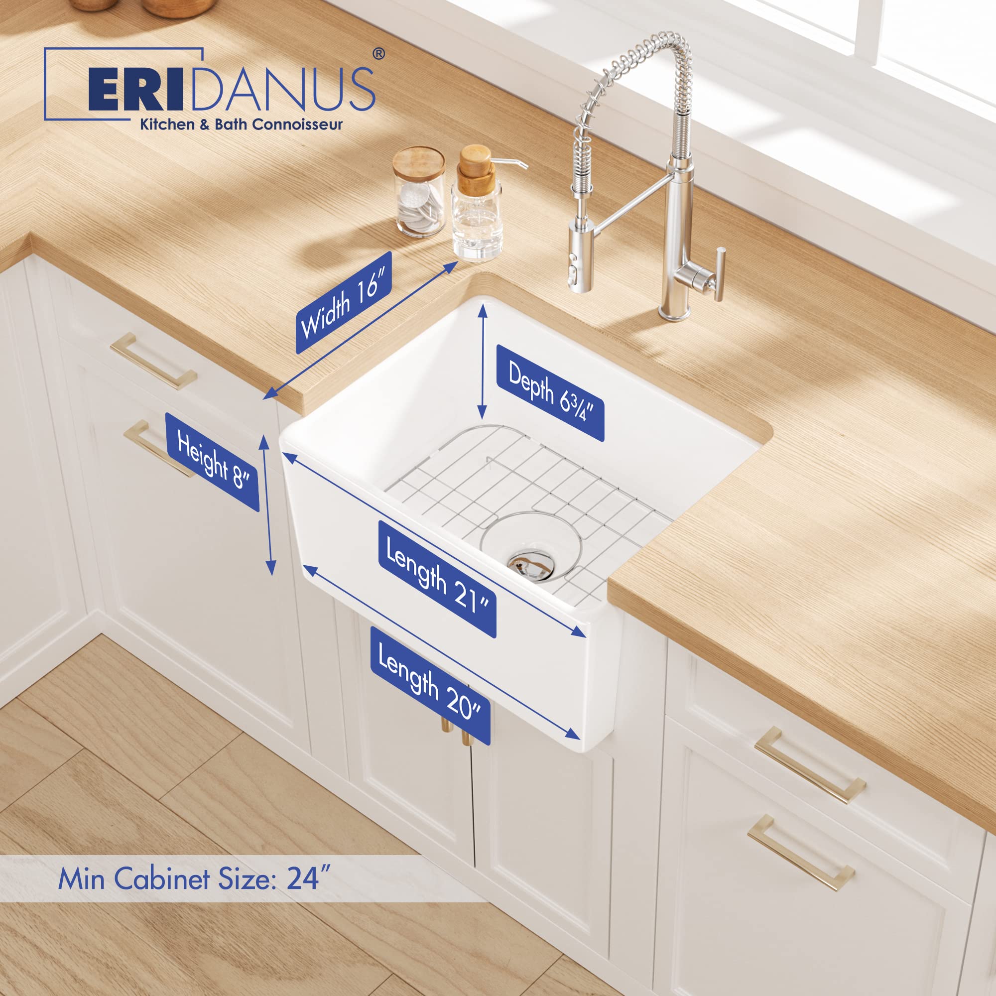 Eridanus 21 inches Kitchen Sink, Utility Farmhouse Sink, Prep and Bar Sink, Laundry Sink, 20-7/8" x 14-9/16" x 7-7/8"