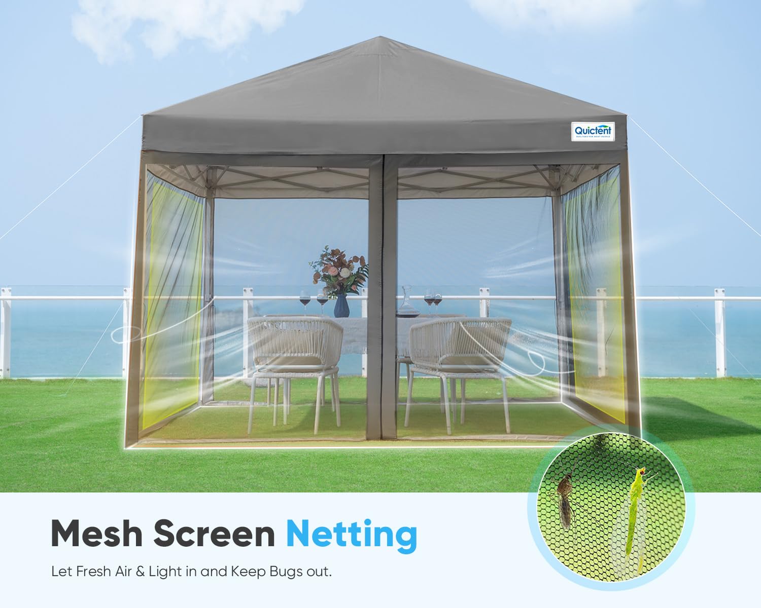 Quictent 10'x10β Pop up Screened Canopy Tent with Mosquito Netting, Portable Easy up Outdoor Screen House Shelter for Patio, Camping and Picnic, Includes Wheeled Carry Bag (Grey)