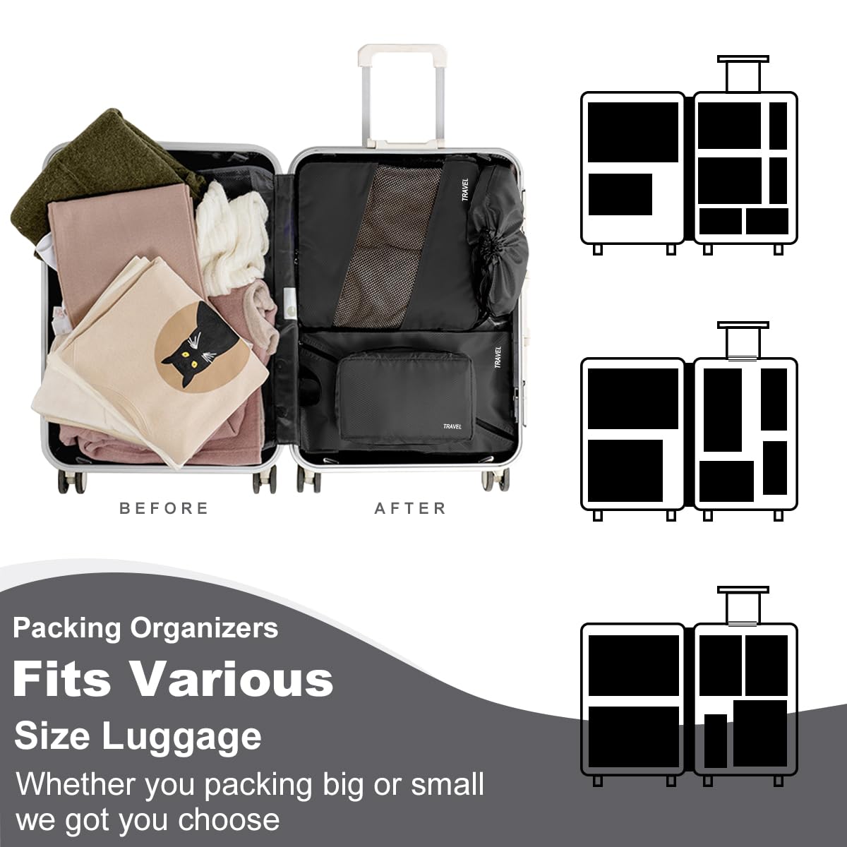 Compression Packing Cubes for Suitcases, 6 Set Large Travel Luggage Organizer Bags with Drawstring Laundry Bag, Toiletry Bag & Shoe Bag for Travel Essentials (black)