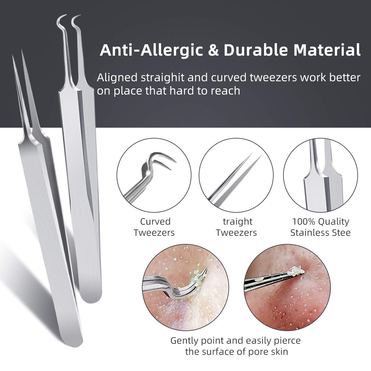 DUcare Blackhead Remover Tools 9 Pcs Pimple Popper Tool Kit with Metal Case for Pimples, Blackheads, Zit Removing, Forehead