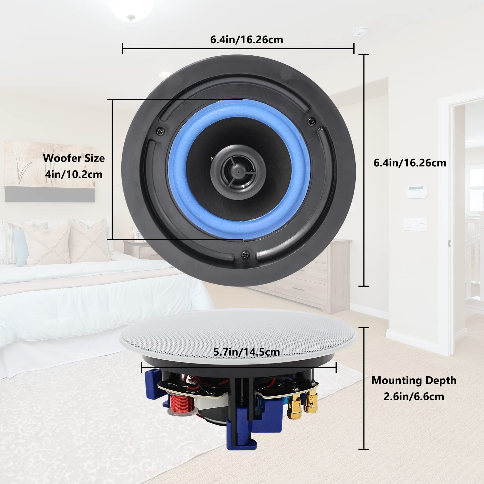 Herdio 4 Inch in-Ceiling Speaker 80 Watts Full Range Celling Speaker Perfect for Humid Indoor Outdoor Placement Bath, Kitchen,Bedroom,Covered Porches (Each)