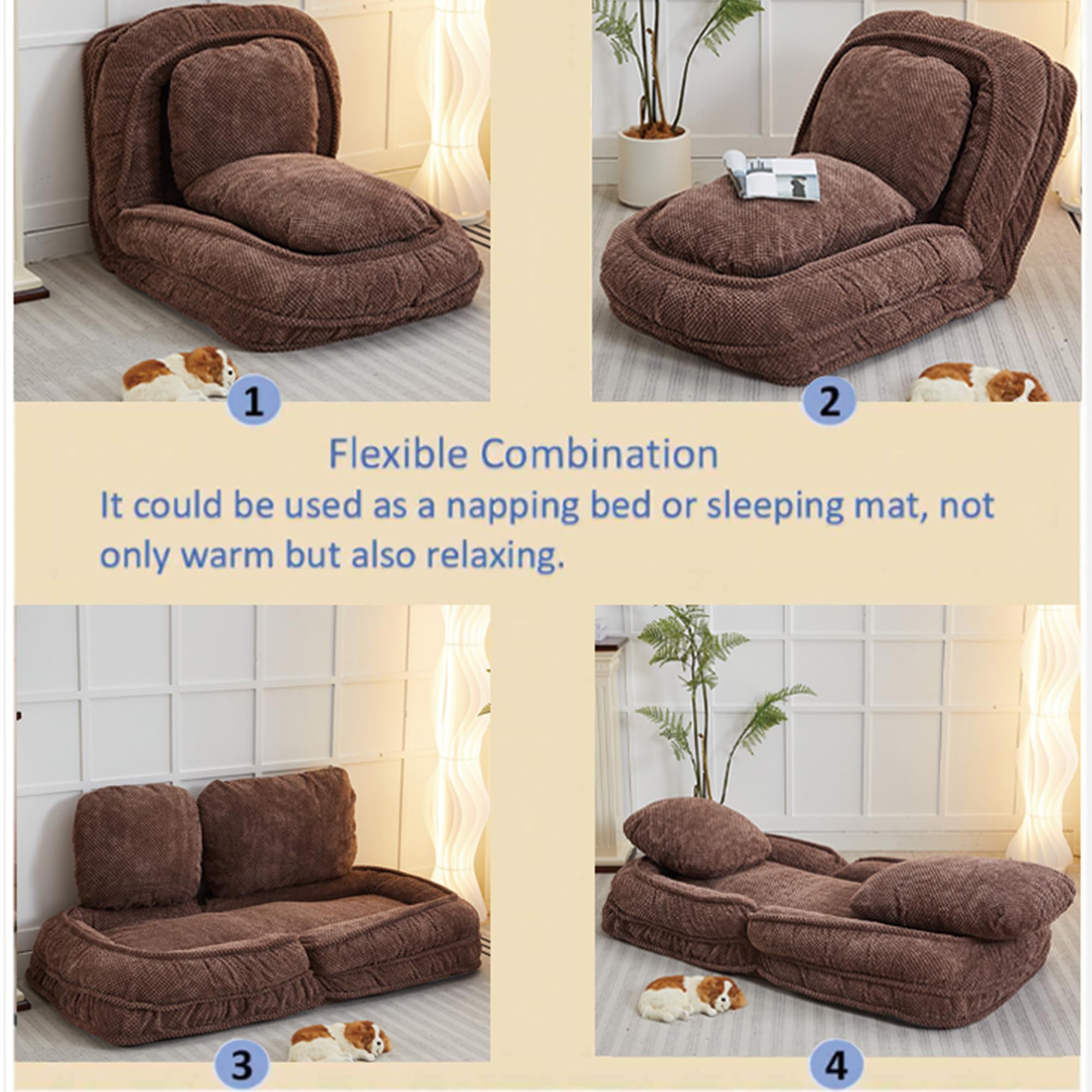 KINFFICT Floor Sofa,Human Bed,Lazy Sofa Couch,5 Adjustable Position,sit,Sleep,fold,Suit to Put in Bedroom, Living Room,Space Saving Design (Brown)