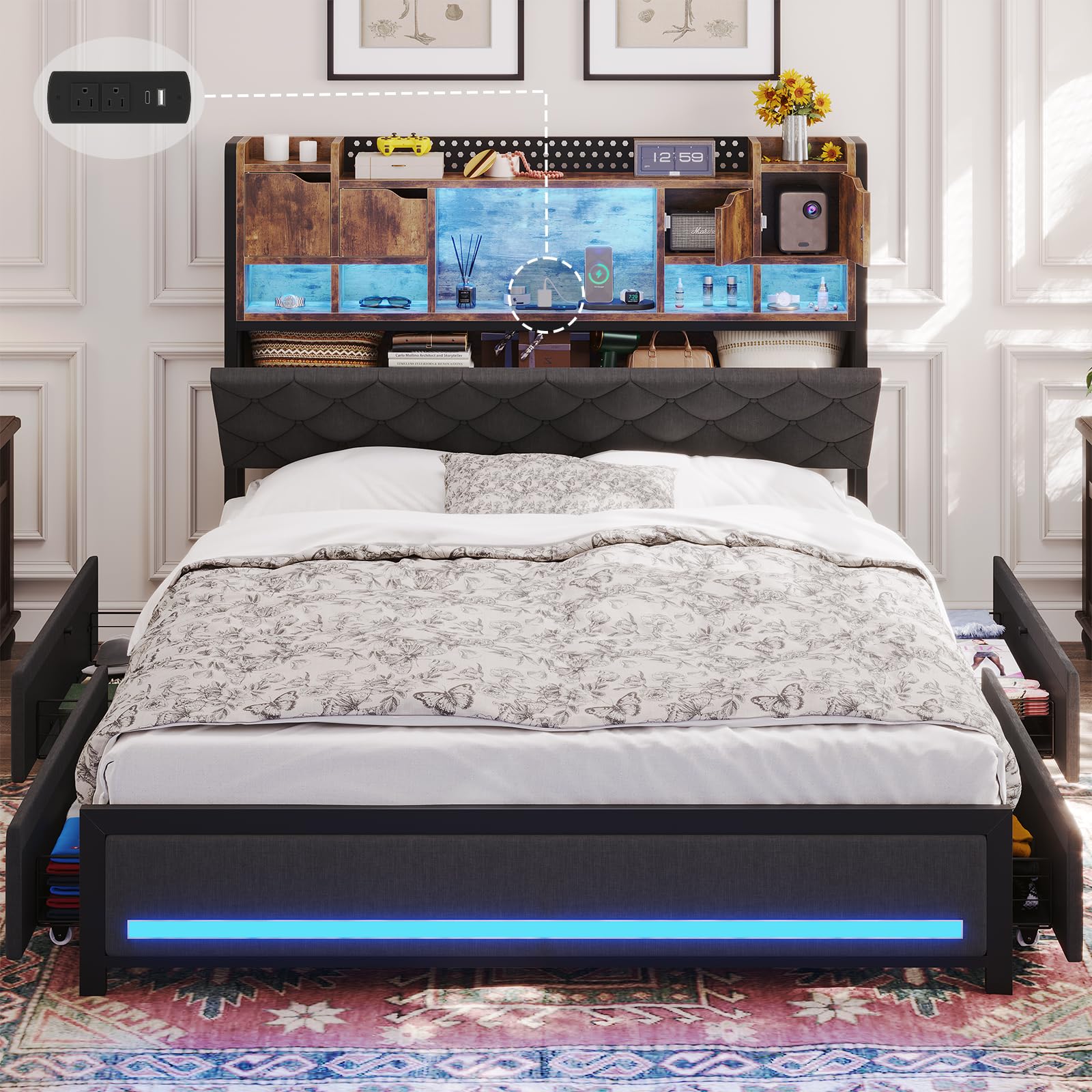 King Bed Frame with Headboard Storage, Bookcase Bed Frame with Charging Station and LED lights, High Bed Frame King Size with Hidden Storage, Noise-Free, Metal Support, No Box Spring Needed, Gray