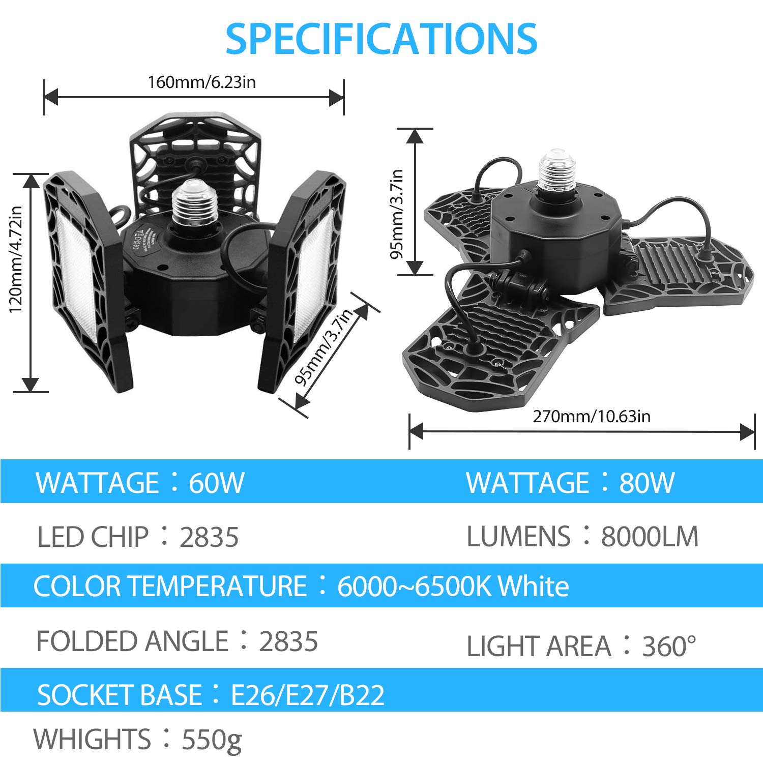 Dudu Cream LED Garage Lights 80W, 8000LM Deformable E26/E27 Garage Ceiling Lighting,CRI 80,6500K,50000H Life Time, 3 Panels Adjustable Aluminum Commercial Lighting for Shop, Warehouse, Barn…