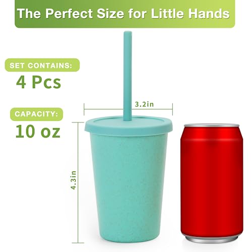 Mfacoy 4 Pack Wheat Straw Cups with Lid and Straws, 10 oz Unbreakable Kids Cups, Reusable Drinking Cups, Small Water Cups, Colourful Tumbler Cups for Kitchen, BPA Free, Dishwasher & Microwave Safe