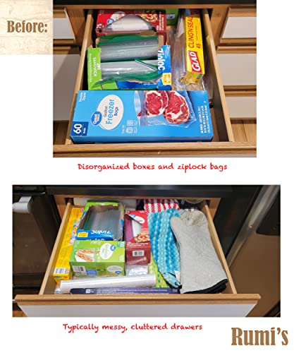 RUMI'S Ziplock Bag Storage Organizer for Drawer Bamboo Gallon, Quart, Sandwich, Great Value, Glad, Hefty Larger & More Practical Size: 13.5'' x 12.0'' x 3.0'' Inches. Golden Yellow 1 1.0 Count