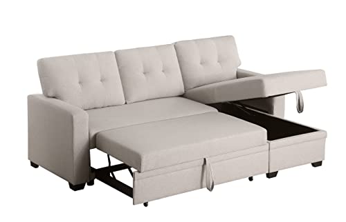 LOVMOR 82 inch L-Shape Sofa Sectional Couch Convertible Sleeper with Storage Chaise and Pull-Out Bed, Linen Upholstered Reversible Corner 3 Person Couch, for Living Room, Apartment