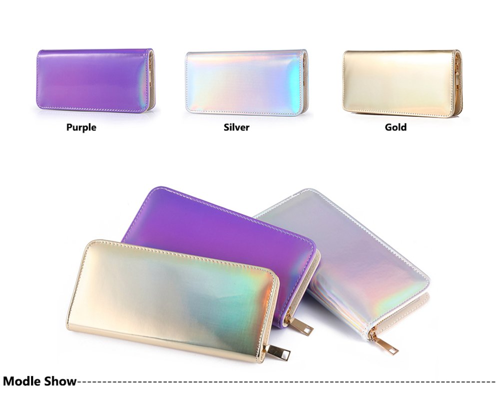YAIRYANGTZE Hologram Slim PU Leather Wallet with Zipper Long Clutch Wallet Purse for Women (Silver)