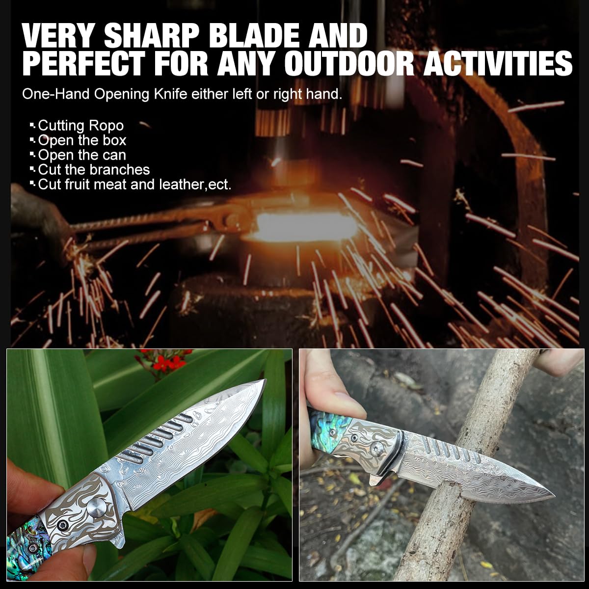 Cottonbell Damascus Pocket Knife for Men Women, Unique Abalone Seashells Handle Folding Knives,EDC Knife Survival Knife with Safety Liner Lock