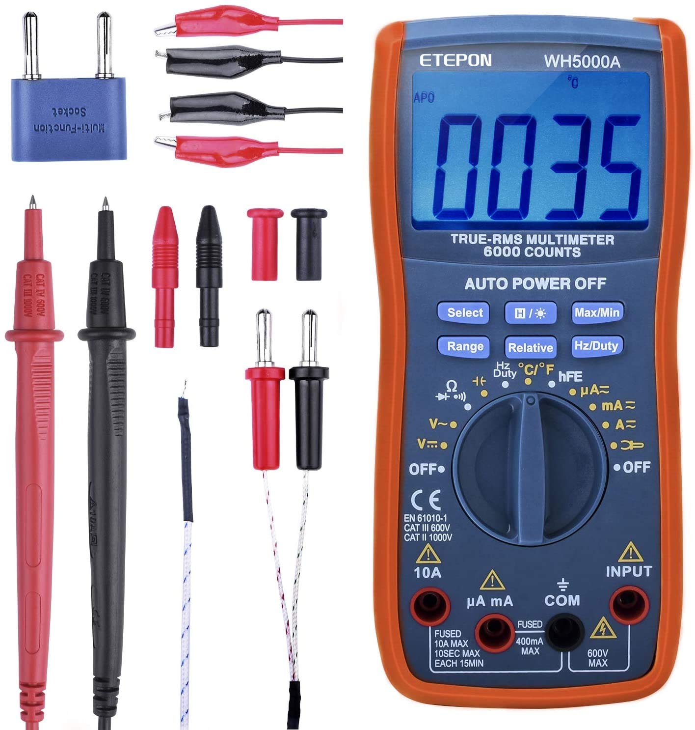 ETEPON Digital Multimeter True RMS 6000 Auto Raging Voltage Tester,Measures Voltage,Current, Resistance,Continuity,Frequency,Capacitance,Temperature,Test Diodes,Transistors WH5000A (Yellow)