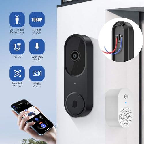 CutePanda 1080P Doorbell Video Camera Wired, Ring Chime, Home Security System, Indoor/Outdoor, Intelligence Human Detection,Night Vision, Instant Alert, Two-way Audio, Easy Installation