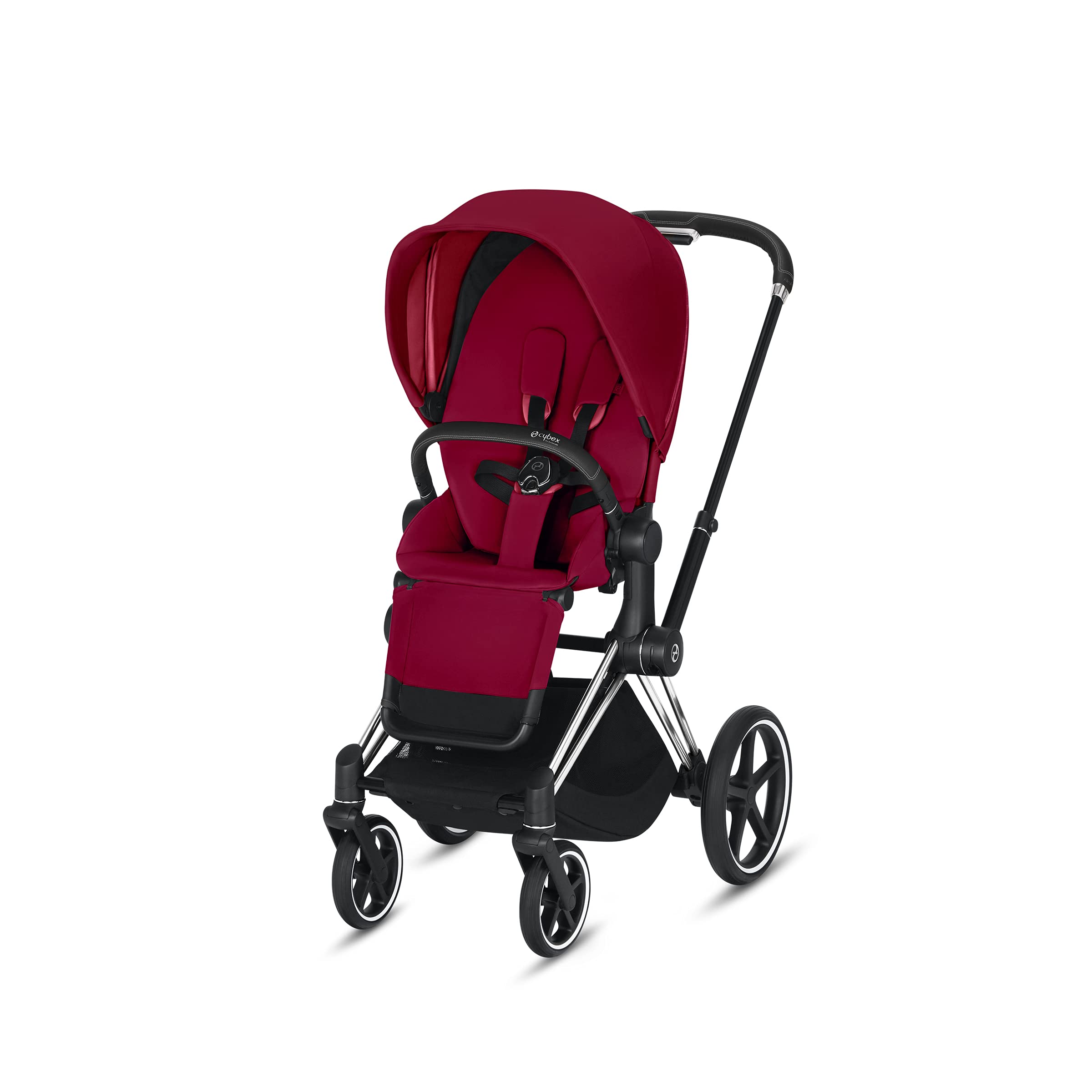 Cybex e-Priam Complete Stroller, One-Hand Compact Fold, Reversible Seat, Smooth Ride All-Wheel Suspension, Extra Storage, Rocking Mode Technology w/App, Indigo Blue Seat with Chrome/Black Frame