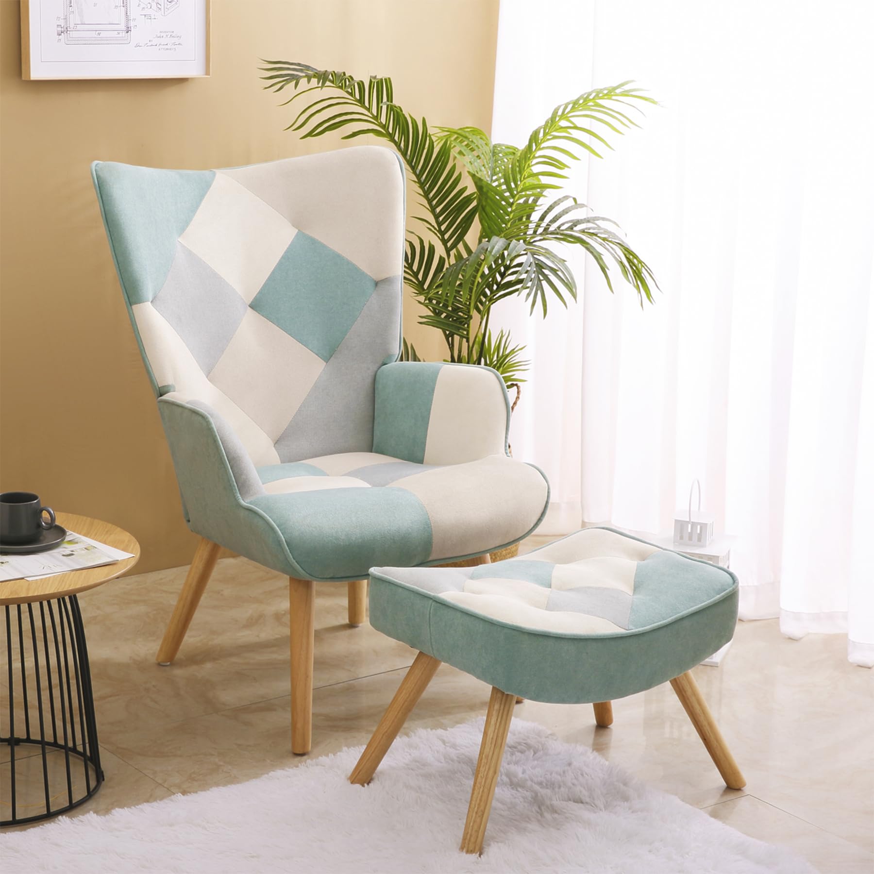 Dolonm Accent Chair with Ottoman Set Modern Lounge Wingback Armchair with Footrest Single Sofa Reading Chair with Solid Wood Legs for Bedroom Living Room (Beige)