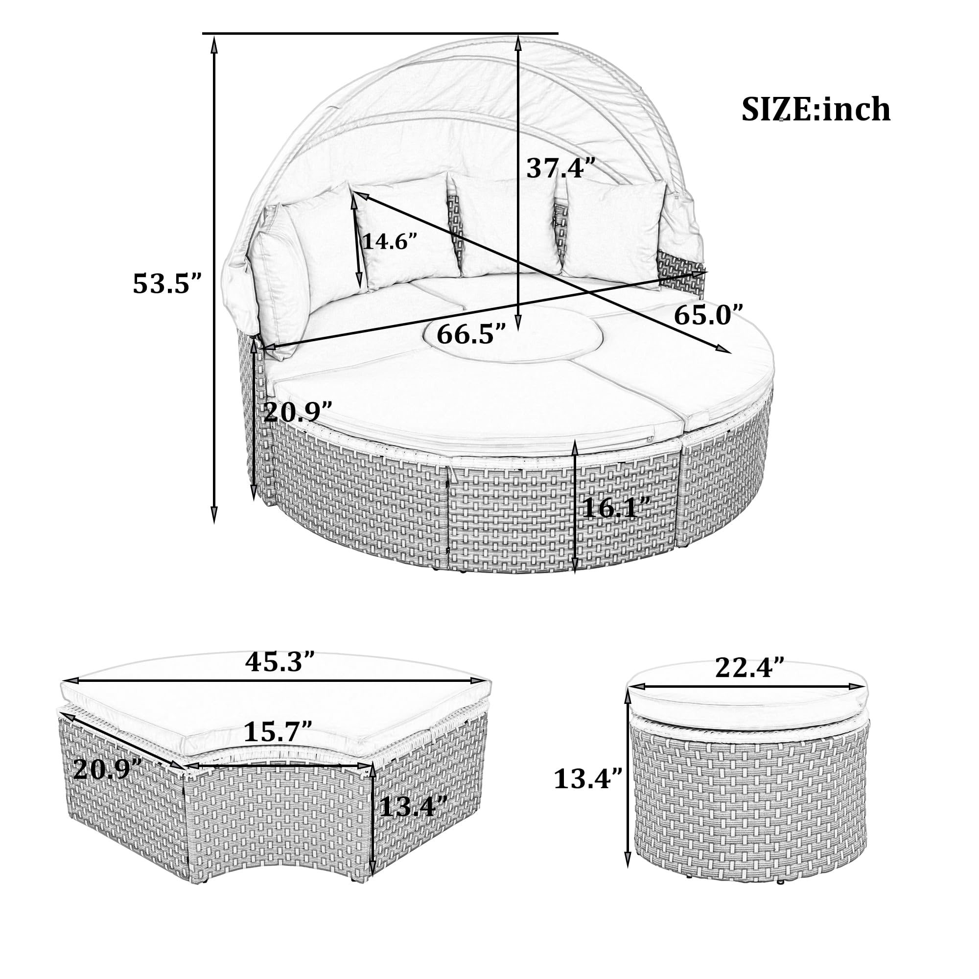 Merax All-Weather Patio Round Outdoor Sectional Sofa Set with Retractable Canopy,Rattan Daybed Two-Tone Weave Sunbed with Separate Seating and Removable Cushion,Gray