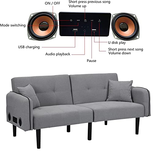 MWrouqfur 76" Convertible Folding Futon Sofa Bed with Bluetooth Speaker,Modern Linen Fabric Upholstered Sleeper Couch Bed,Recliner Loveseat with Armrest and 2 Pillows for Living Room,Bedroom,Office