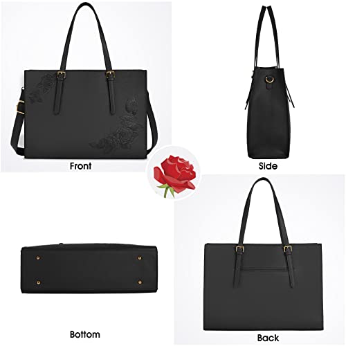 Laptop Bag for Women 15.6 Inch Laptop Tote Bag Leather Waterproof Work Bags Professional Business Office Computer Briefcase Large Capacity Shoulder Bag Black