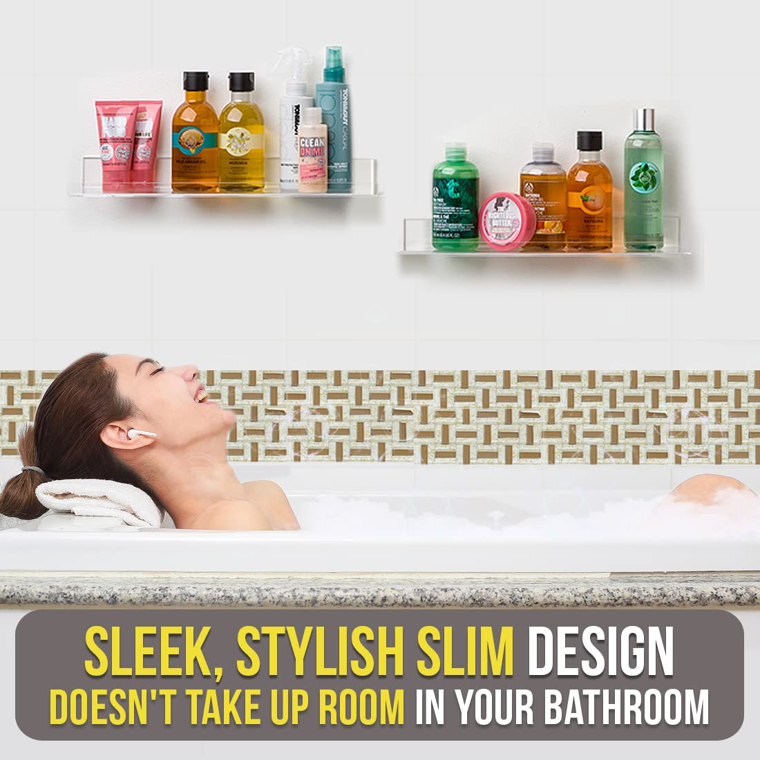 Pretty Display Invisible' Bathroom Shelf Wall Mounted [2 Pack] 15 inch Clear Acrylic Shelves Extra Strong & Easy to Wall Mount