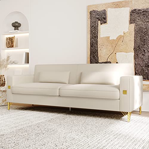 Lostcat Velvet Sofa Couch Mid Century Modern Upholstered 3-Seater Loveseat with 2 Pillows and Armrest for Living Room, Apartment and Small Space, Cream White