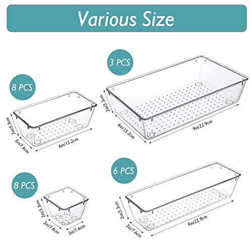 QUEFE 25 PCS Drawer Organizer Set, 4-Size Clear Plastic Drawer Organizers Trays Bathroom Organizers Dresser Storage Bins Separation Box for Makeup, Jewelries, Gadgets, Bathroom, Office, Bedroom