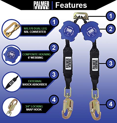 Palmer Safety Fall Protection SRL121132T Twin SRL 6' Lightweight Web with Snap Hooks