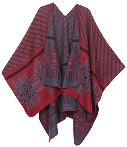Sakkas 1928 - Lupe Womens Reversible Poncho Wrap Cape Shawl Sweater Coat Cardigan Pattern - Zigzag Burgundy - OS