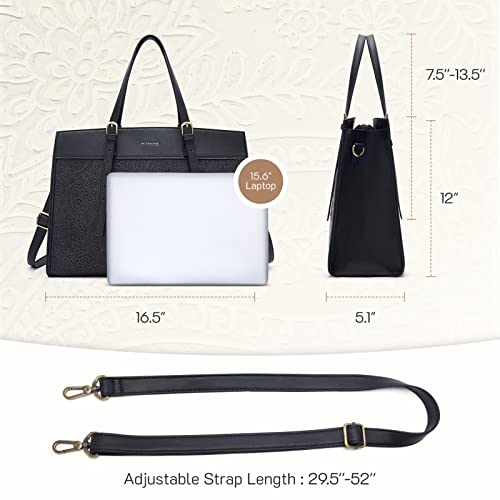 Missnine Laptop Bag for Women 15.6 inch Work Tote Bags PU Leather Professional Computer Briefcase for Office, Business,Black