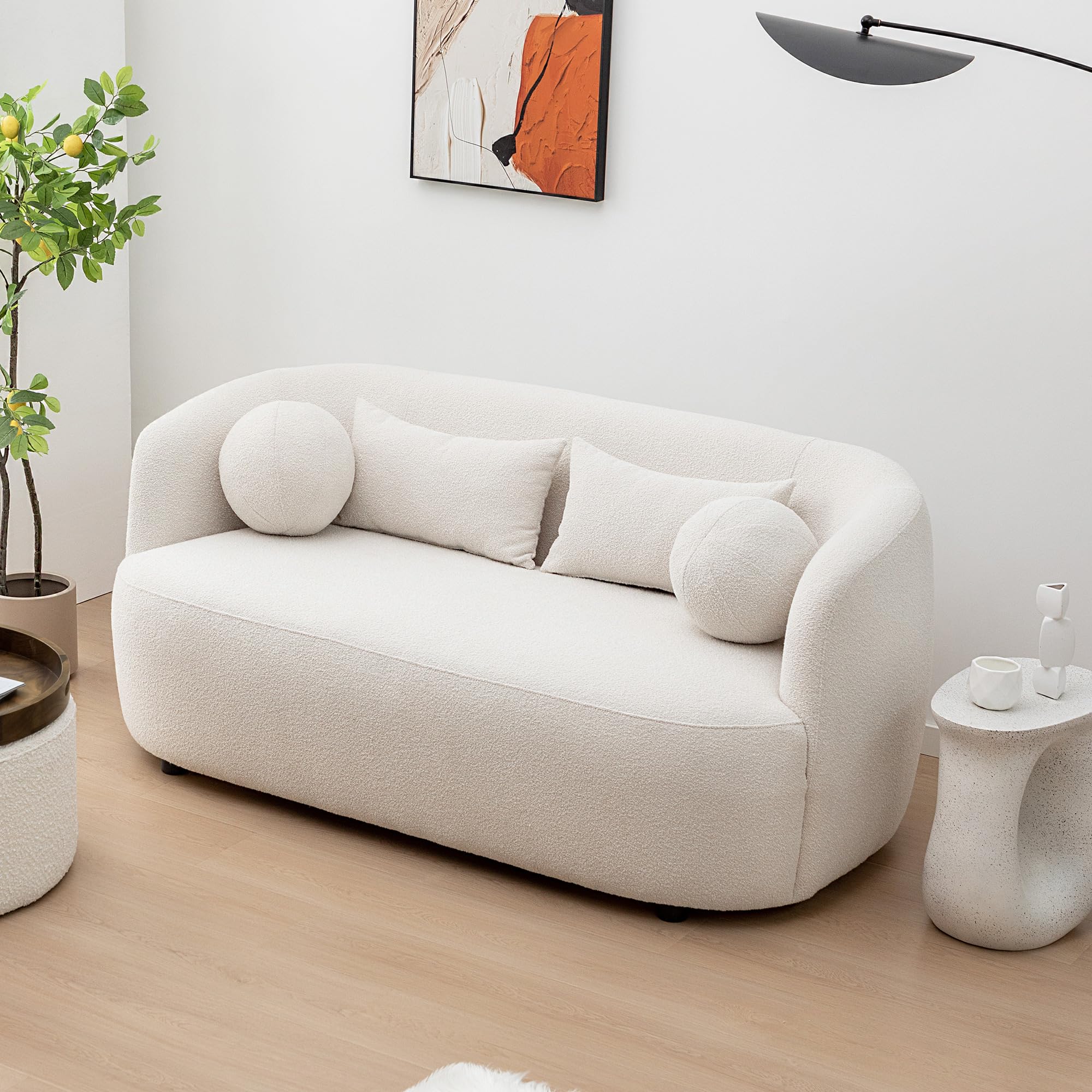 KINWELL 85-Inches Boucle Upholstered Sofa, 3 Deeper Seat loveseat Sherpa Couch with 5 Toss Pillows for Living Room, Beige