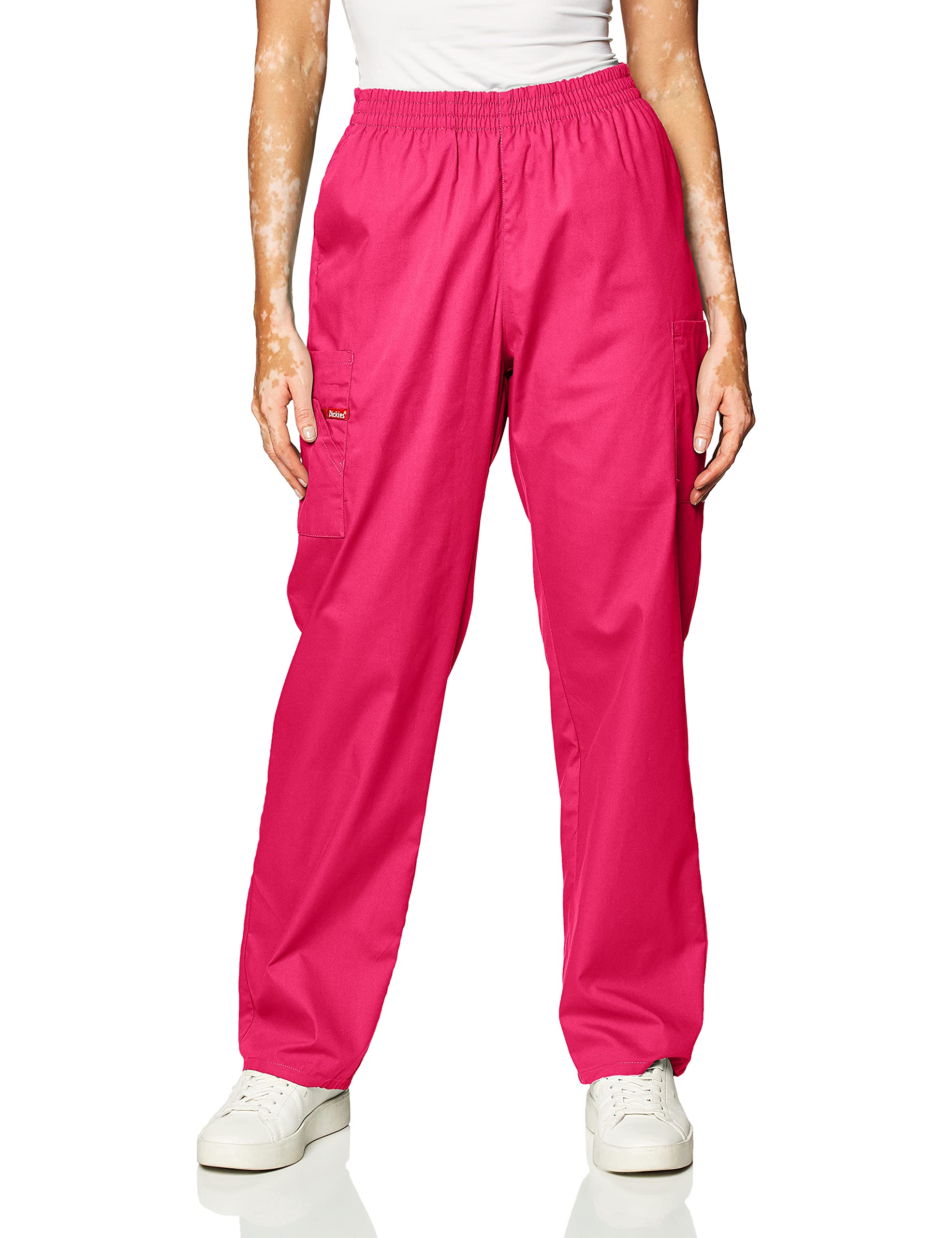 Dickies Women's Signature Elastic Waist Scrubs Pant, Hot Pink, Large Petite