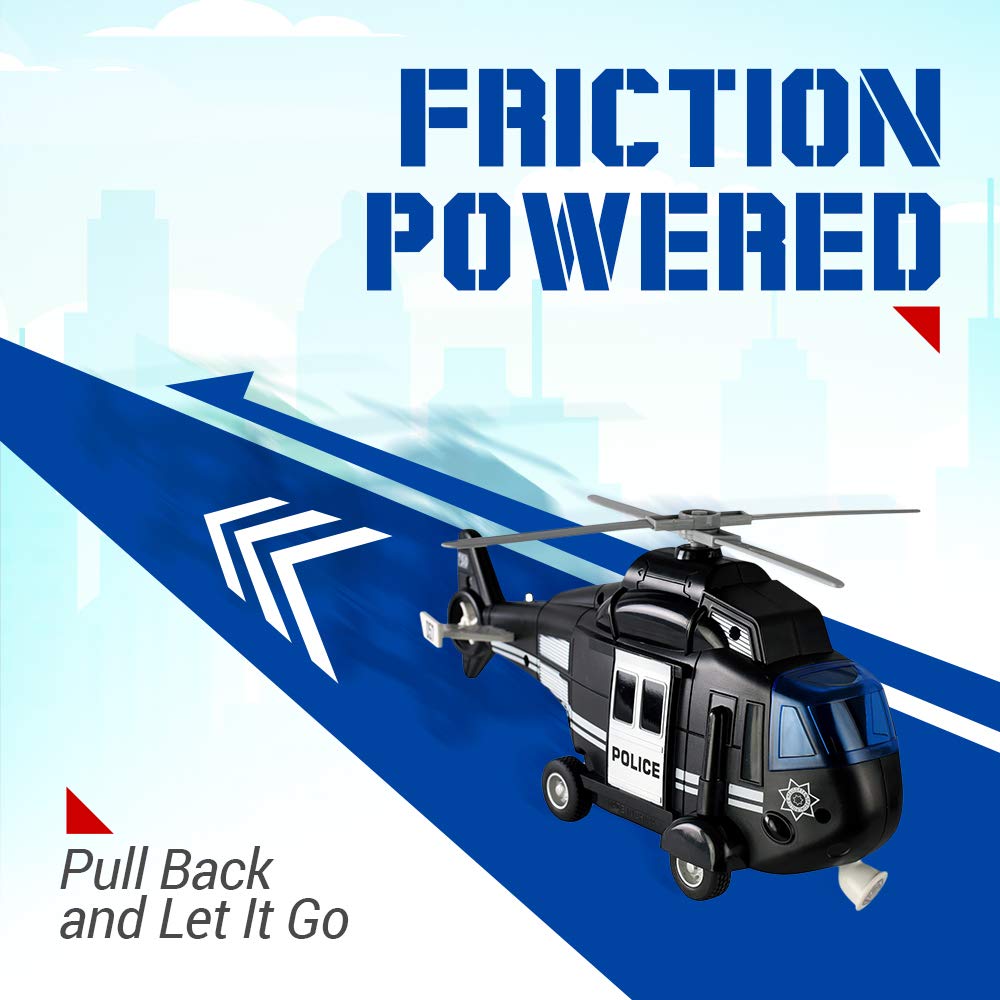 WolVolk Police Helicopter - Solid Built Push & Go Chopper Toy with Lights & Sounds - Aids Hand-Eye Coordination for Kids Boys & Girls (Black)