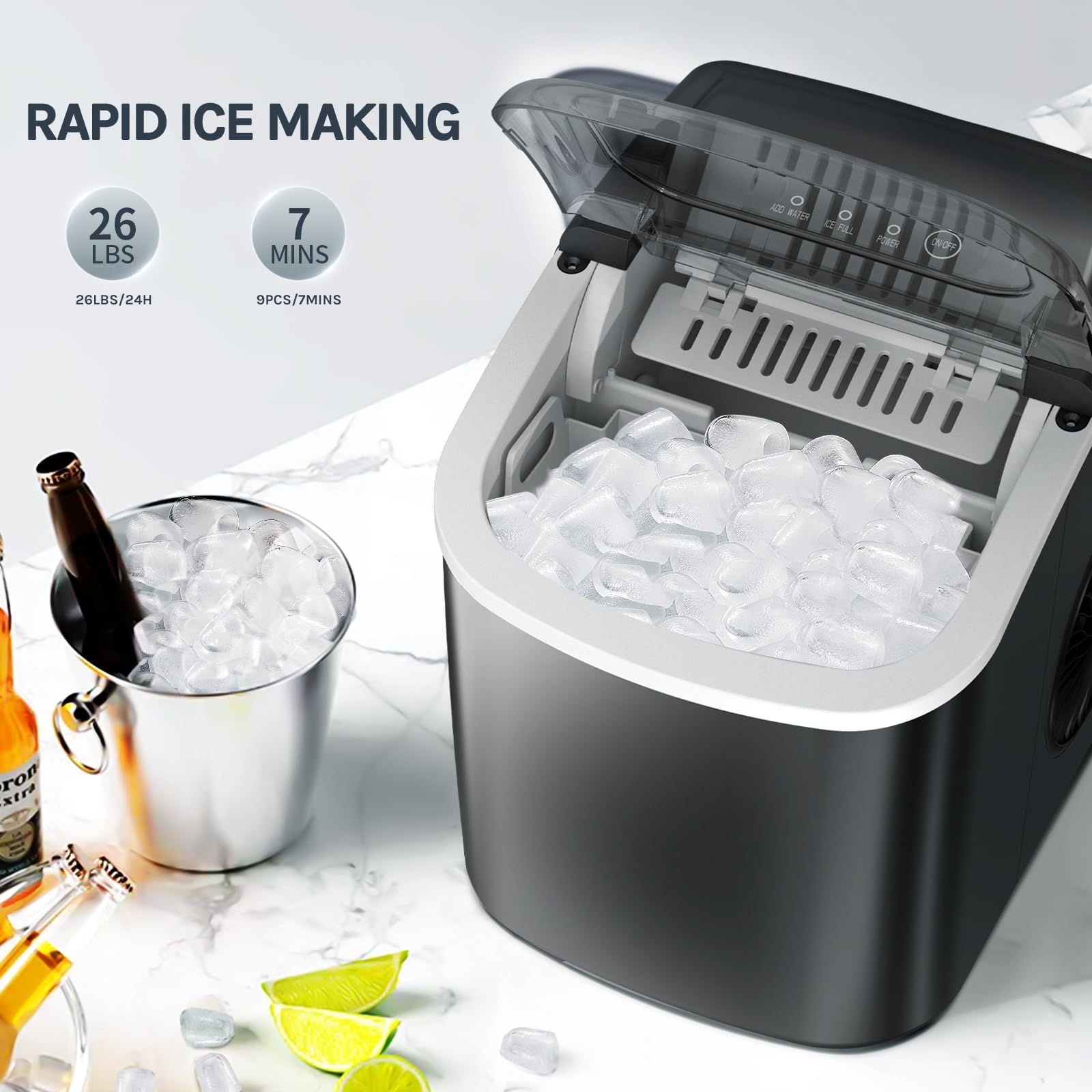 Kismile Ice Makers Countertop with Carry Handle,26Lbs/Day,9 Bullet Ice Ready in a 7 Mins Round,Auto-Cleaning Ice Maker with Ice Basket and Ice Scoop,Portable Ice Maker for Home,Office,Kitchen (Black)