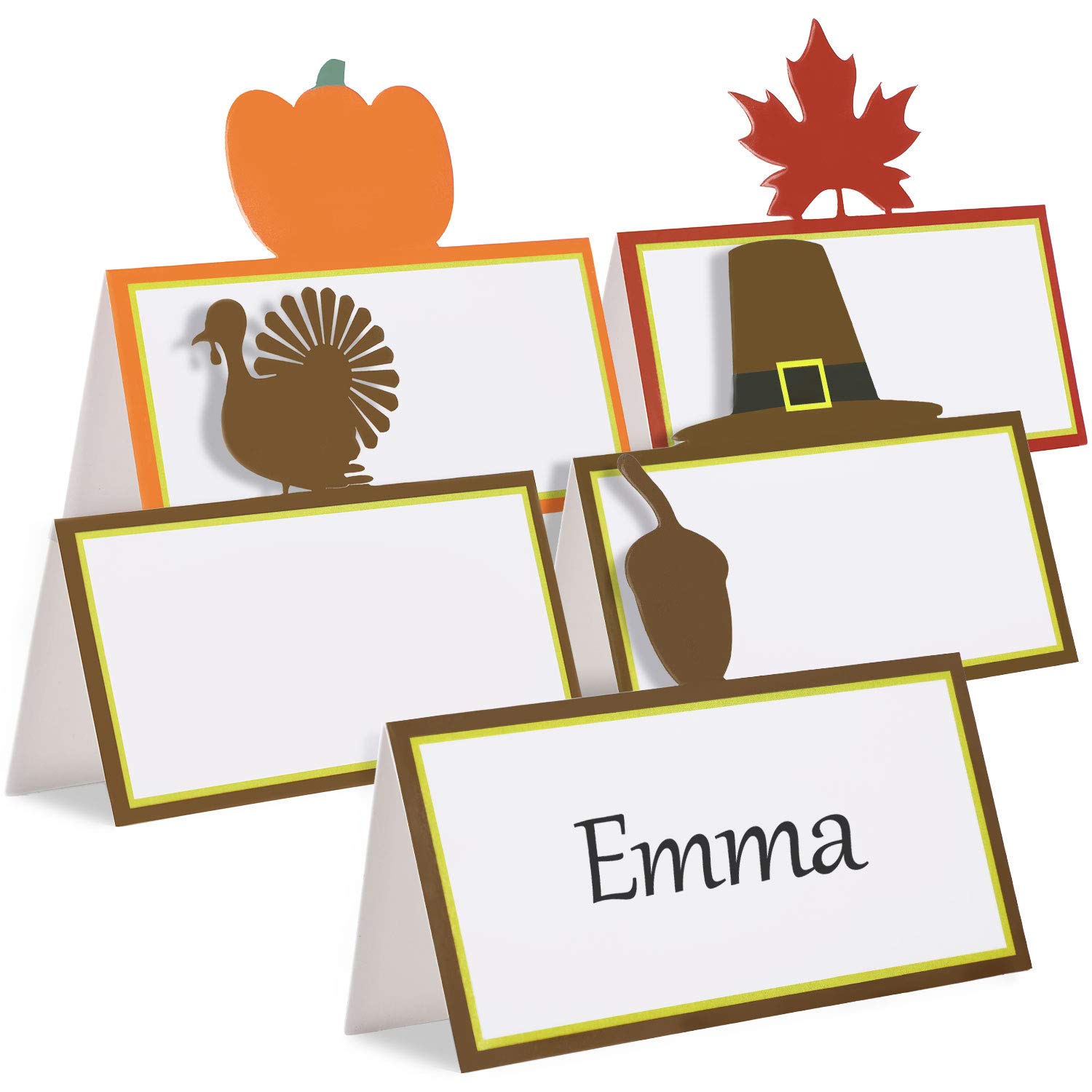 Outus 25 Pieces Thanksgiving Greeting Place Cards 4 x 2 Inch Fall Guest Seating Tent Cards Autumn Table Name Place Cards with Pumpkin Turkey Witch Hat Design for Thanksgiving Dinner Party Supplies