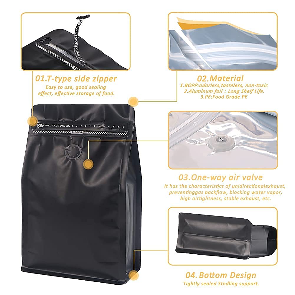 REMTAP Coffee Bags with Valve(50 pcs,16 oz/1 lb) Black High Barrier Aluminum Foil Flat Bottom Standing Empty Coffee Beans Storage Bag,Reusable Heat Sealable Side Zipper Pouches for Home or Store