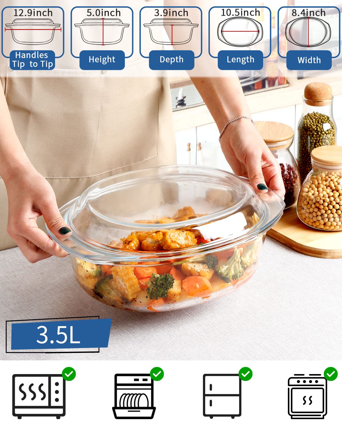 Oval Glass Casserole Dish With Lid Glass Casserole Dishes With Lids Glass Microwave Casserole dish with Lid Covered Glass Bakeware Oven Safe, Glass Casserole With Lid 3.5 Litres