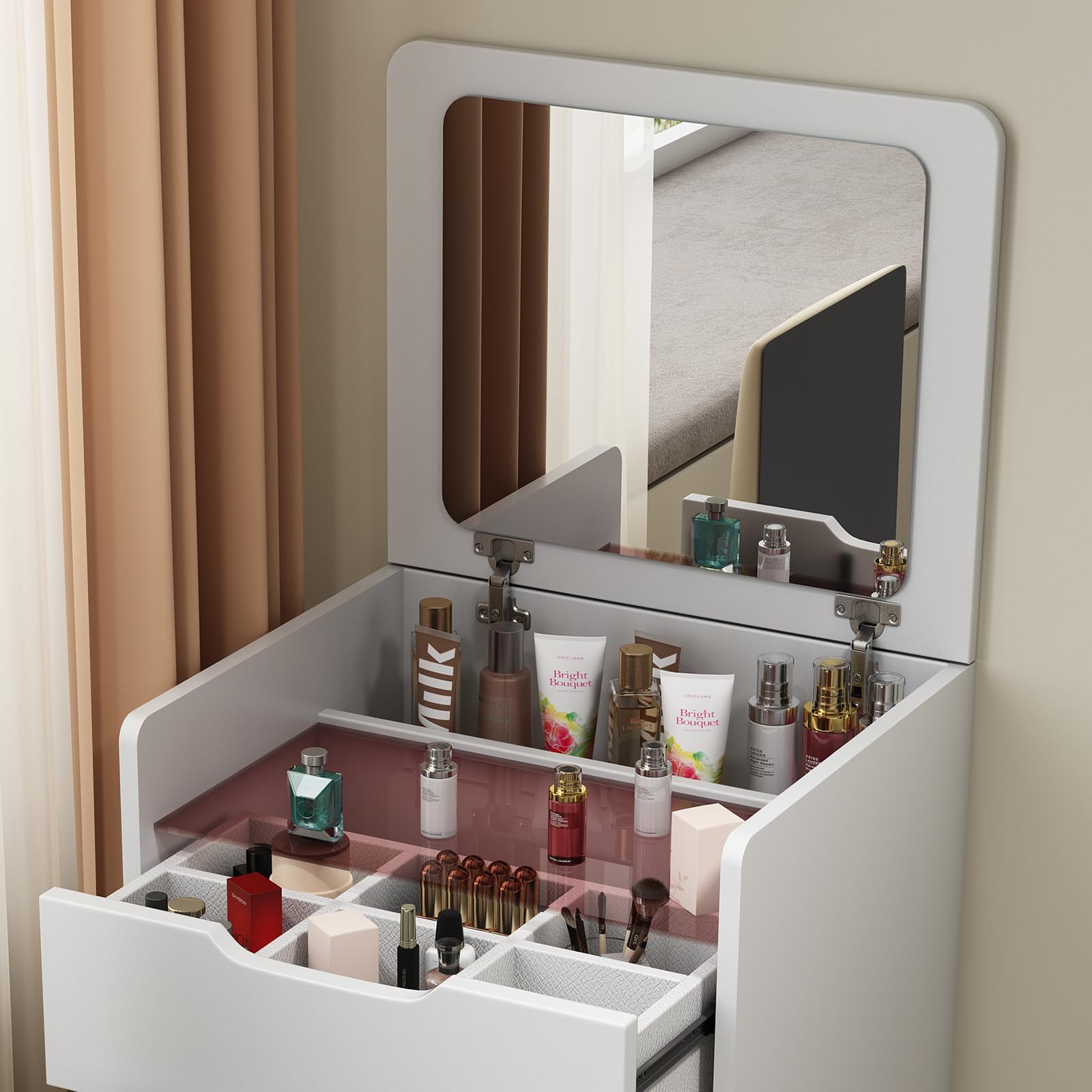 KissAir 3-in-1 Makeup Vanity Desk, Small Vanity Desk with Flip Top Mirror and Cushioned Stool, Dressing Table with 3 Drawers, Compact Vanity Set for Small Space (White)