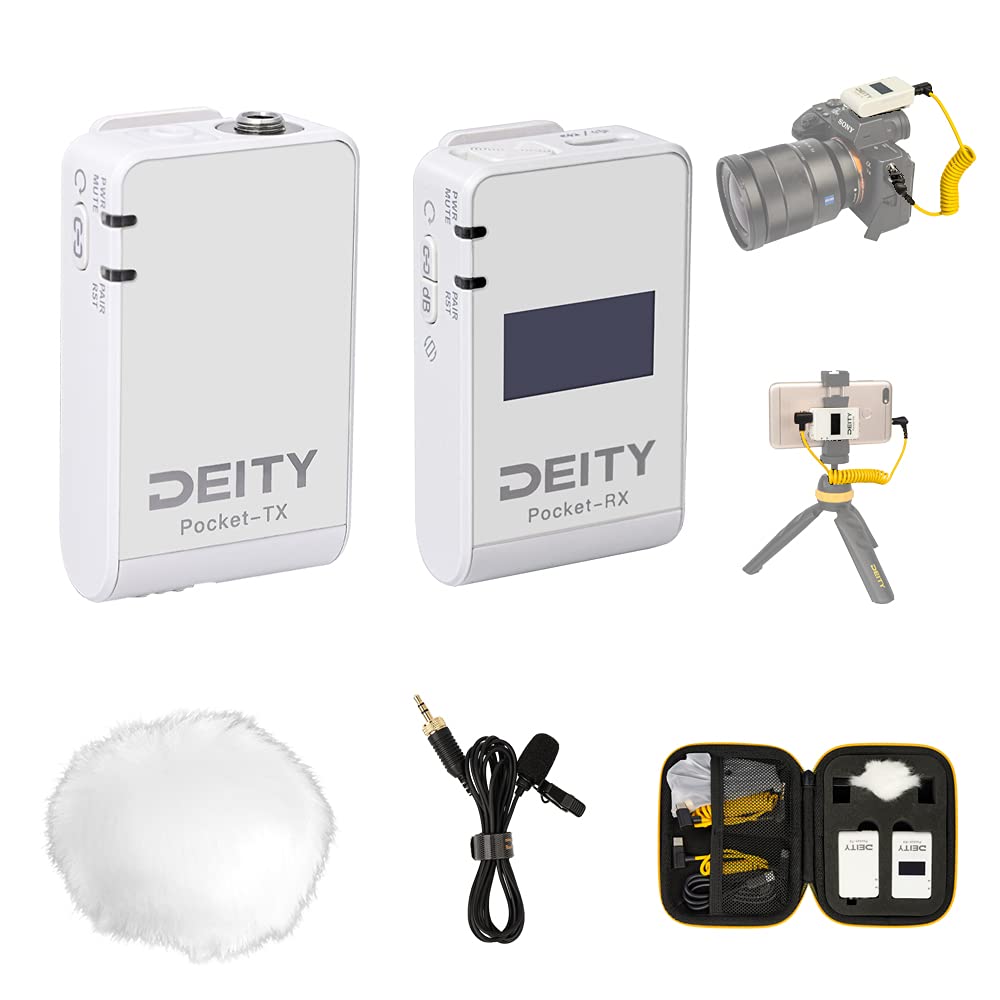 Deity Pocket Wireless Microphones 2.4Ghz Pocket Wireless System Lavalier Microphone with OLED Display for Vlog Video Interview YouTube Facebook Live DSLR Camera Smartphone Tablet (White)