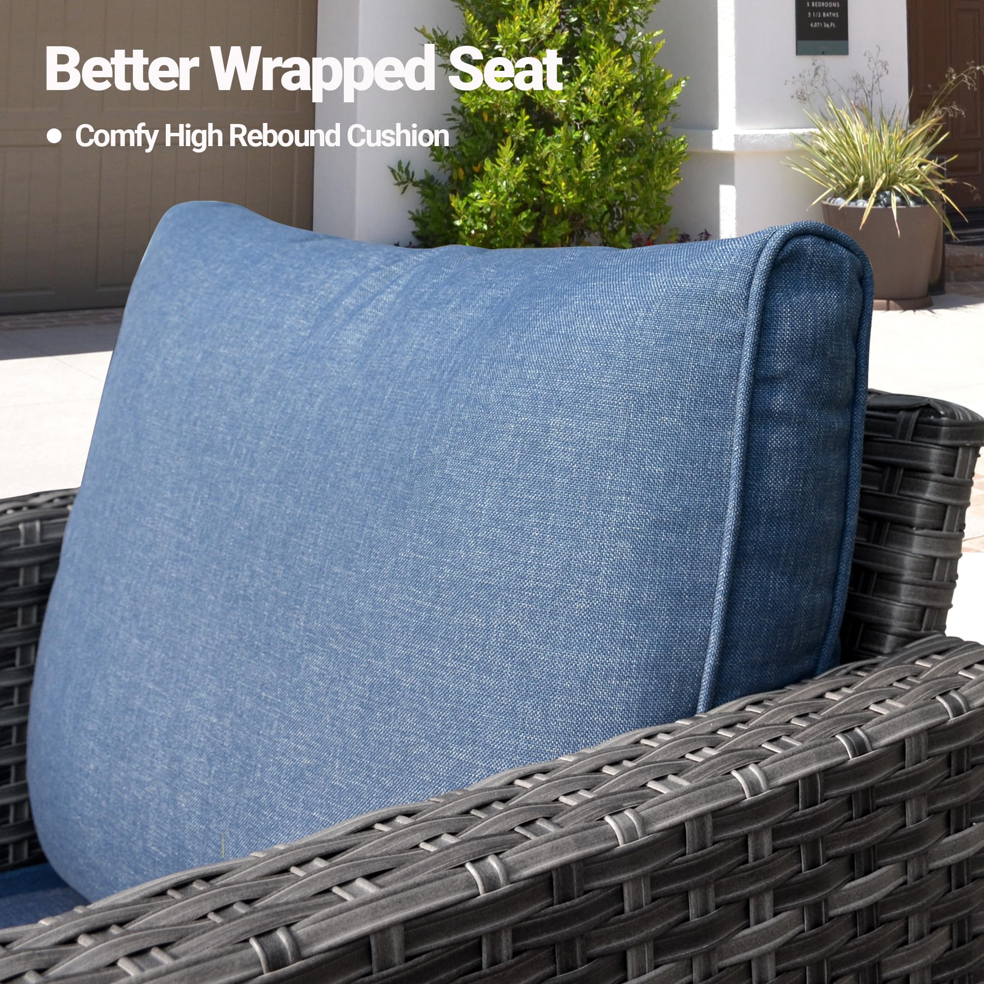 ovios Patio Furniture Set, 6 Pieces Outdoor Conversation Set with 30 Inch Gas Fire Pit Table Modern Wicker Rattan Sofa Set with Comfortable Cushion, Ottomans, Denim Blue