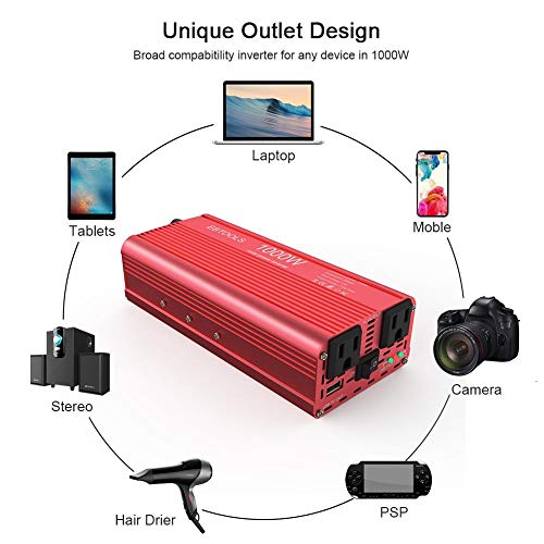 Duokon Inverter Adapter Power Converter, 1000W /2000W Inverter 12V DC to 110V AC Car Converter with 2 AC Out