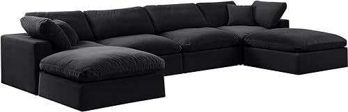 Meridian Furniture 189Black-Sec6B Comfy Collection Modern | Contemporary Upholstered Modular Sectional, Soft Black Velvet, Down Feather Cushions, 158" W x 79" D x 34.5" H, Black