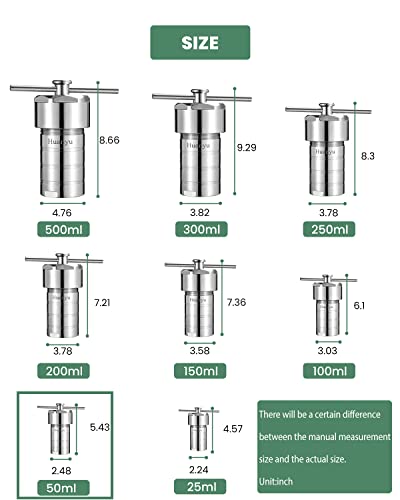 Huanyu 50ml PTFE Lined Hydrothermal Synthesis Autoclave Reactor 200℃ 3Mpa with PTFE Chamber High Pressure Digestion Tank Stainless Steel vessel Kettle for lab corrosion resistance