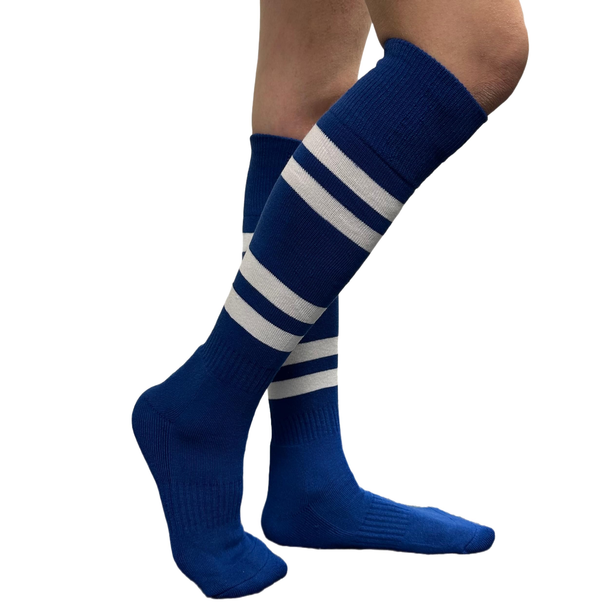 COUVER Unisex White Striped Knee High Softball/Sports Socks, Blue, Medium Size, 1 Pair