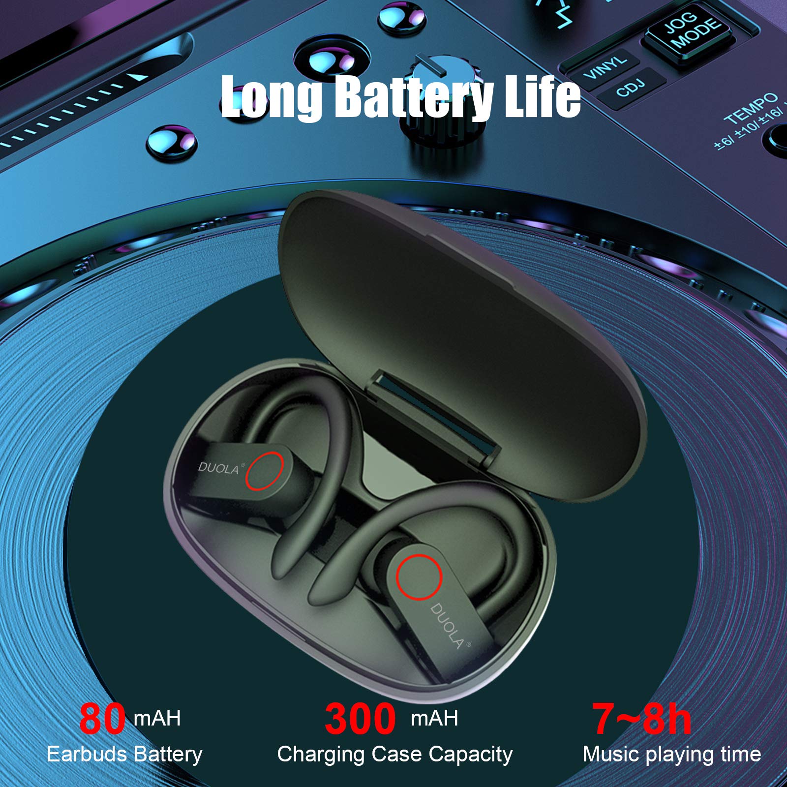 Duola Bluetooth 5.0 Earbuds with Ear Hook, Sport Wireless Headphones, Noise-Cancelling, 8 Hours Playtime, High Stereo-Sound Quality, Compatible with iOS/Android/Windows, Black