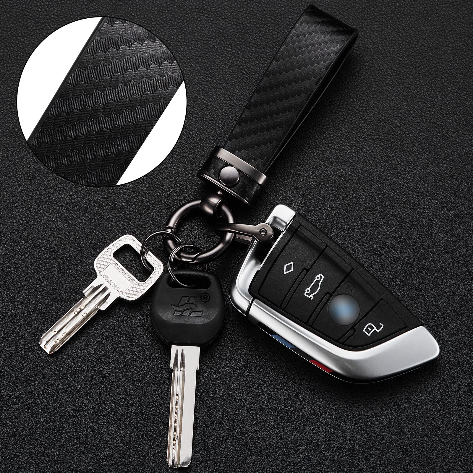 DEKEWEI Carbon Fiber Style Car Keychain Microfiber Leather Key Chain, Universal Key Chains for Key Fobs for Men and Women, 360 Degree Rotatable with Anti-Lost D-Ring (Black)