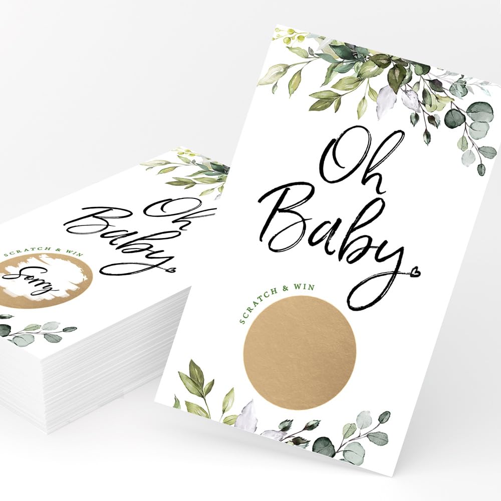 Printed Party Baby Shower Game – Scratch Off Cards for Girl or Boy, Botanical Greenery Theme, 30 Cards & Stickers